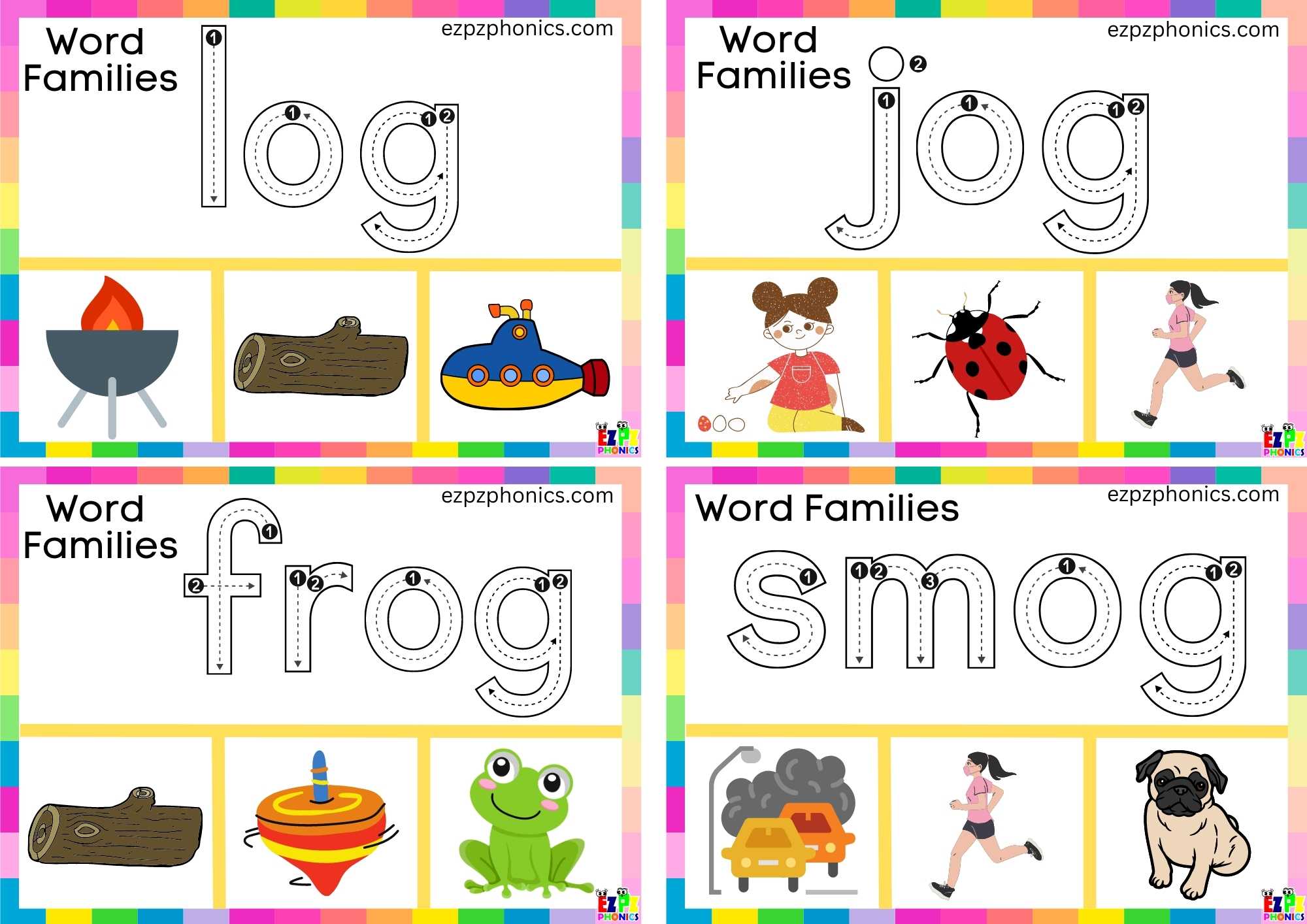 Word Family og Trace the word and clip the correct image Clip cards group 1 - ezpzphonics.com
